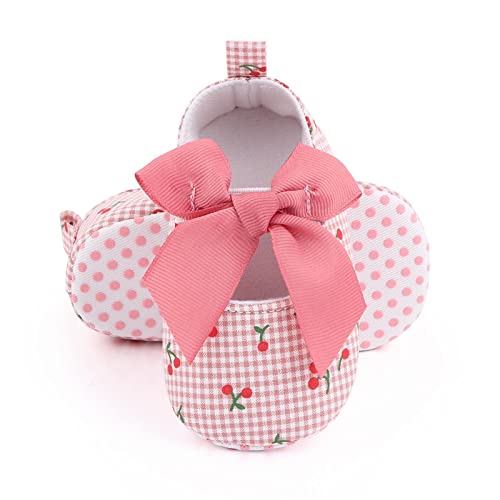 Lykmera Infant Toddler Girls Walking Shoes Sole Bow Plaid Fruit Print Toddler Shoes Walking Shoes Princess Shoes for Girls (Pink, 3-6Months)