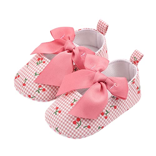 Lykmera Infant Toddler Girls Walking Shoes Sole Bow Plaid Fruit Print Toddler Shoes Walking Shoes Princess Shoes for Girls (Pink, 3-6Months)