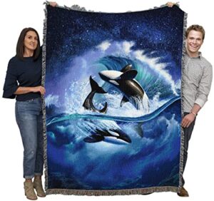 pure country weavers jl orca wave blanket by jerry lofaro - ocean whales gift tapestry throw woven from cotton - made in the usa (72x54)