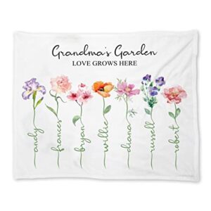 Evert Personalized Grandma's Garden Blanket Custom Birth Month Flower Blanket Christmas Mother's Day Birthday Gift for Grandma Grandmother Mom Mother Blanket Fleece Sherpa Blanket