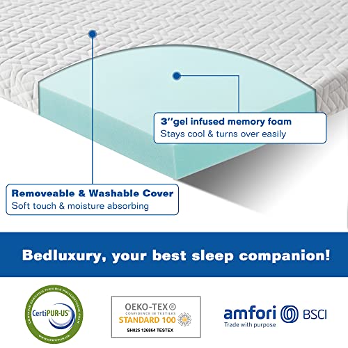 BedLuxury Mattress Topper Memory Foam: 3 Inch Queen Size Gel Colling Mattress Pad Cover with 18'' Deep Pocket for Back Pain Bed Topper with Removable Bamboo Cover Soft & Breathable