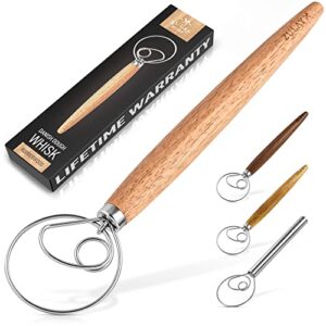 zulay kitchen 13 inch danish dough whisk - large wooden danish whisk for dough with stainless steel ring - traditional dutch whisk baking tool for bread, batter, cake, pastry