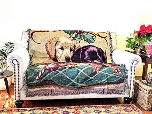 Labrador Retriever Dog Throw Blanket - Tache Adorable Puppy's First Christmas Holiday Animal Lover Gift Decorative Woven Tapestry Dog Throw Blanket, 50" x 60"