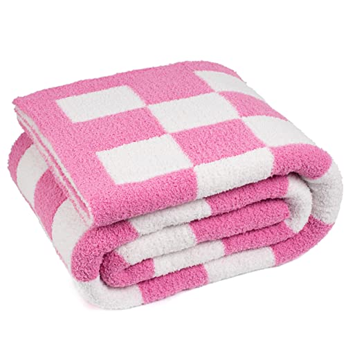 Carriediosa Checkered Throw Blanket Super Soft Luxurious Microfiber Fluffy Checkerboard Grid Plaid Knit Blankets Reversible Cozy Throws for Couch Bed Sofa, 50" X 60" Hot Pink and White Check