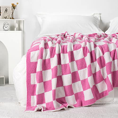 Carriediosa Checkered Throw Blanket Super Soft Luxurious Microfiber Fluffy Checkerboard Grid Plaid Knit Blankets Reversible Cozy Throws for Couch Bed Sofa, 50" X 60" Hot Pink and White Check