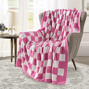 Carriediosa Checkered Throw Blanket Super Soft Luxurious Microfiber Fluffy Checkerboard Grid Plaid Knit Blankets Reversible Cozy Throws for Couch Bed Sofa, 50" X 60" Hot Pink and White Check