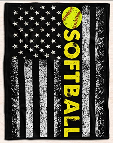 Softball Blankets for Adults Softball American Flag Fluffy Throw Blanket Fall Flannel Blanket for Kid Decor Plush Fleece Blanket Softball Theme for Couch Living Room Bedroom Sofa