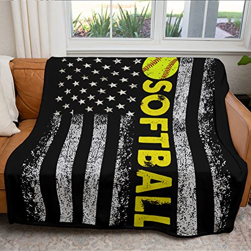 Softball Blankets for Adults Softball American Flag Fluffy Throw Blanket Fall Flannel Blanket for Kid Decor Plush Fleece Blanket Softball Theme for Couch Living Room Bedroom Sofa