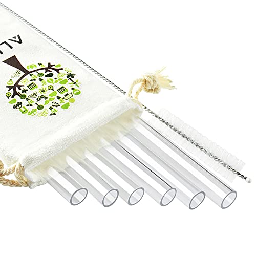 ALINK Reusable Clear Smoothie Straws, 10 in x 10 mm Jumbo Tritan Hard Plastic Drinking Straws, Individually Wrapped, Pack of 6 with Cleaning Brush and Carrying Case