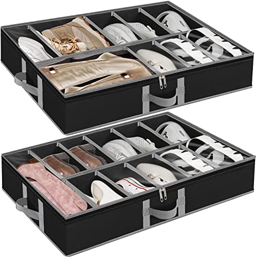 punemi Under Bed Shoe Storage Organizer, 2Pcs Fits 24 Pairs Sturdy Structure Underbed Shoes Organizer With Bottom Support & Adjustable Feature, Shoe Solution With Clear Cover & 2 Reinforced Handles