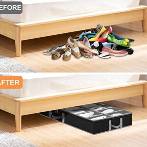 punemi Under Bed Shoe Storage Organizer, 2Pcs Fits 24 Pairs Sturdy Structure Underbed Shoes Organizer With Bottom Support & Adjustable Feature, Shoe Solution With Clear Cover & 2 Reinforced Handles