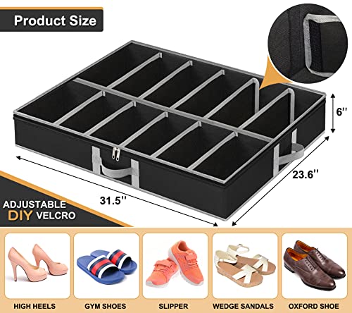 punemi Under Bed Shoe Storage Organizer, 2Pcs Fits 24 Pairs Sturdy Structure Underbed Shoes Organizer With Bottom Support & Adjustable Feature, Shoe Solution With Clear Cover & 2 Reinforced Handles