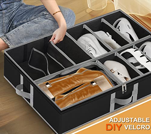 punemi Under Bed Shoe Storage Organizer, 2Pcs Fits 24 Pairs Sturdy Structure Underbed Shoes Organizer With Bottom Support & Adjustable Feature, Shoe Solution With Clear Cover & 2 Reinforced Handles