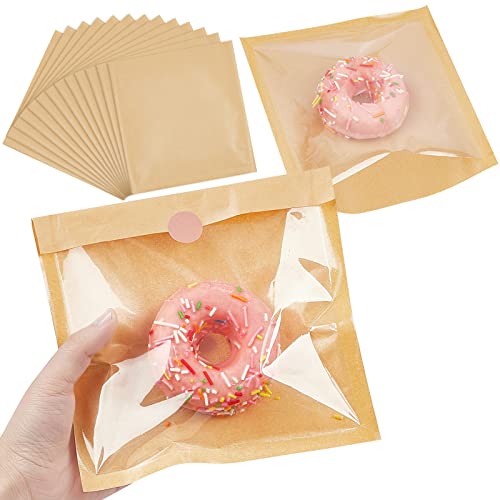 Ocmoiy 100ct Heat-Sealable Bakery Bags with Window for Cookies Packaging, 7.1x7.5 Inches Clear Front Paper Treat bags Donut Bags To go, Grease-Resistant Paper Egg Sandwich Bags (100)