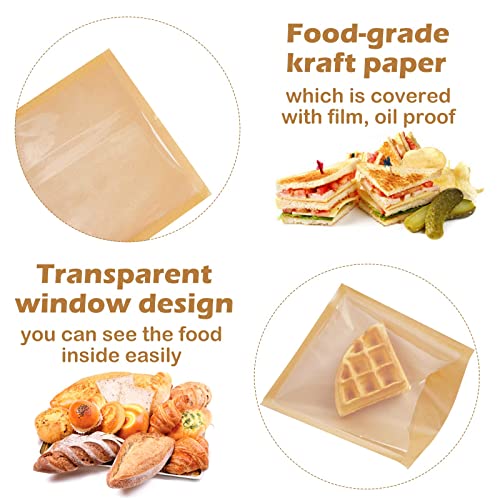 Ocmoiy 100ct Heat-Sealable Bakery Bags with Window for Cookies Packaging, 7.1x7.5 Inches Clear Front Paper Treat bags Donut Bags To go, Grease-Resistant Paper Egg Sandwich Bags (100)