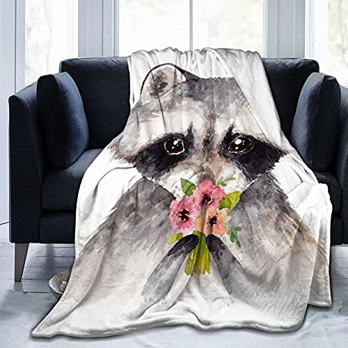 Raccoon and Flowers Soft Throw Blanket All Season Microplush Warm Blankets Lightweight Tufted Fuzzy Flannel Fleece Throws Blanket for Bed Sofa Couch 50"x40"