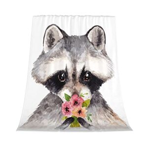 Raccoon and Flowers Soft Throw Blanket All Season Microplush Warm Blankets Lightweight Tufted Fuzzy Flannel Fleece Throws Blanket for Bed Sofa Couch 50"x40"