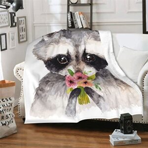 Raccoon and Flowers Soft Throw Blanket All Season Microplush Warm Blankets Lightweight Tufted Fuzzy Flannel Fleece Throws Blanket for Bed Sofa Couch 50"x40"