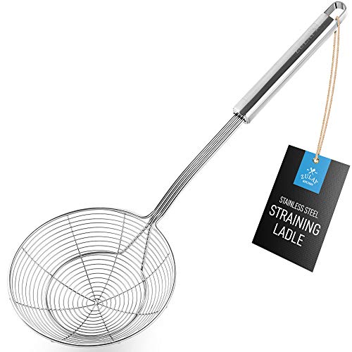 Zulay Kitchen 15.4 Inch Stainless Steel Strainer - Spiral Wire Mesh Skimmer Spoon Ladle With Long Handle - Reinforced Double Coil Slotted Spoons For Cooking and Frying