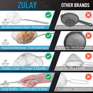 Zulay Kitchen 15.4 Inch Stainless Steel Strainer - Spiral Wire Mesh Skimmer Spoon Ladle With Long Handle - Reinforced Double Coil Slotted Spoons For Cooking and Frying