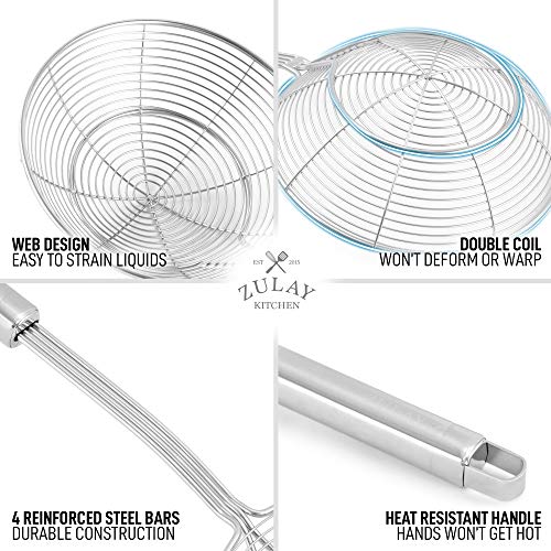 Zulay Kitchen 15.4 Inch Stainless Steel Strainer - Spiral Wire Mesh Skimmer Spoon Ladle With Long Handle - Reinforced Double Coil Slotted Spoons For Cooking and Frying