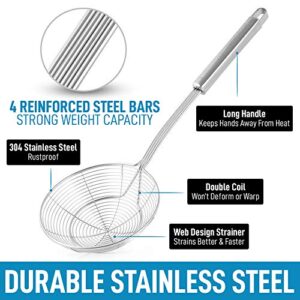 Zulay Kitchen 15.4 Inch Stainless Steel Strainer - Spiral Wire Mesh Skimmer Spoon Ladle With Long Handle - Reinforced Double Coil Slotted Spoons For Cooking and Frying