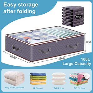 100L Under Bed Storage Containers 6 Pack, Large Capacity Underbed Storage Bags Organizer, Thick Fabric Storage Bins with Clear Window and 4 Reinforced Handles for Blanket, Comforter, Bedding, Clothes