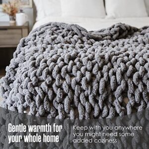 Houseables Chunky Knit Blanket, Crochet Throw, Big Yarn Blankets, 50x60 Inch, Grey, Soft, Large, Chenille, Thick Hand Knitted Cable Throws, Braided, Knotted, Woven, Handmade Knot for Couch, Bed