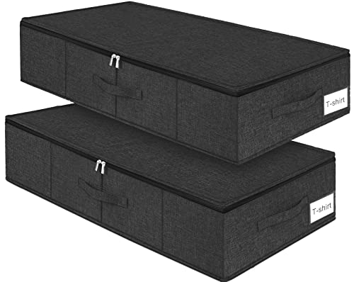 Punemi Under Bed Storage, 2 Pack Underbed Storage Container Bags With Lid, Foldable Sturdy Clothes Storage Drawer Organizer W/ 3 Handles, Ultra Thick Fabric Blanket Shoe Storage Box, 30x15x6.7inch, Black