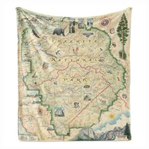 Yosemite National Park Map Fleece Blanket - Hand-Drawn Original Art - Soft, Cozy, and Warm Throw Blanket for Couch - Unique Gift - 58"x 50"