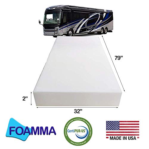 Foamma 2” x 32” x 79” Truck, Camper, RV High-Density Bunk Mattress Topper Foam Replacement, Made in USA, Comfortable, Travel Trailer, CertiPUR-US Certified, Cover Not Included