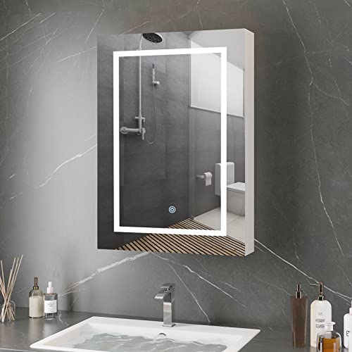 Mepplzian Bathroom Medicine Cabinet with Mirror Door Surface Wall Mounted Bathroom Mirror with Storage Shelves & Led Strips with Dimmer, 27.5" X 19.6"