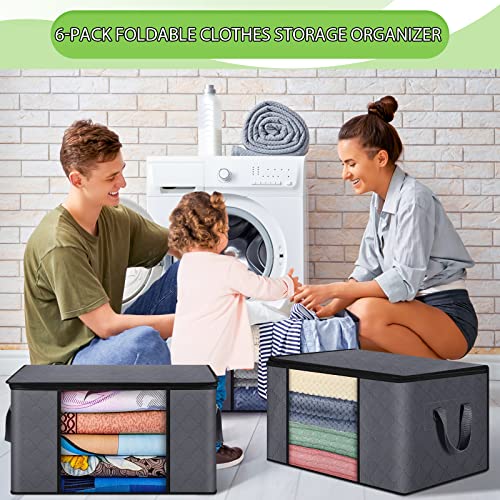 3-Pack Clothes Storage Organizer, Large Capacity Blanket Storage Bags with Reinforced Handles & Sturdy Zippers, Foldable Clothing Storage Organizer Container for Comforters, Blankets, Bedding (Grey)