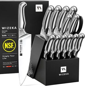 wizeka kitchen knife set with block, nsf certified 15pcs german steel 1.4116 knife block set, professional chef knife set with built-in sharpener, starry sky series