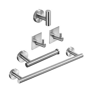 bathroom hardware set, no-drill hooks sus304 stainless steel bathroom accessories kit includes 16inch towel bar,3 robe towel hooks,toilet paper holder (nickel)