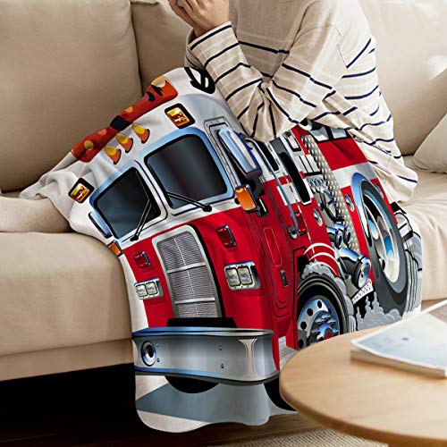 Lightweight Warm Luxury Throw Blanket Fannel Fleece Twin Size Bed Blanket Big Fire Truck Safety Rescue Team Engine Cartoon Print Super Soft Reserviber Blanket for All Season Bed Couch Sofa 39x49 Inch