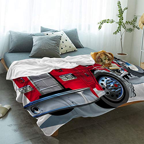 Lightweight Warm Luxury Throw Blanket Fannel Fleece Twin Size Bed Blanket Big Fire Truck Safety Rescue Team Engine Cartoon Print Super Soft Reserviber Blanket for All Season Bed Couch Sofa 39x49 Inch