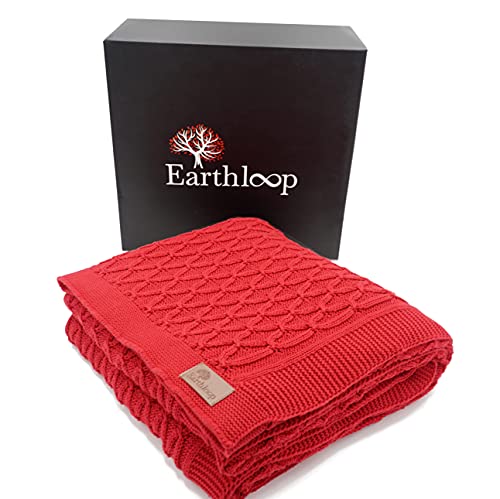 Earthloop Large Knit Throw Blanket | 100% Organic Cotton – GOTS Certified | Couch and Bed Throw Blankets | Knitted Throws | Adult Cable Knit (60 x 80 in, Red)