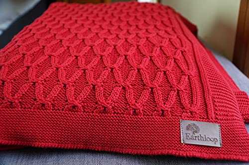 Earthloop Large Knit Throw Blanket | 100% Organic Cotton – GOTS Certified | Couch and Bed Throw Blankets | Knitted Throws | Adult Cable Knit (60 x 80 in, Red)