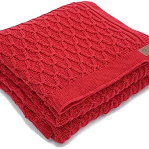 Earthloop Large Knit Throw Blanket | 100% Organic Cotton – GOTS Certified | Couch and Bed Throw Blankets | Knitted Throws | Adult Cable Knit (60 x 80 in, Red)