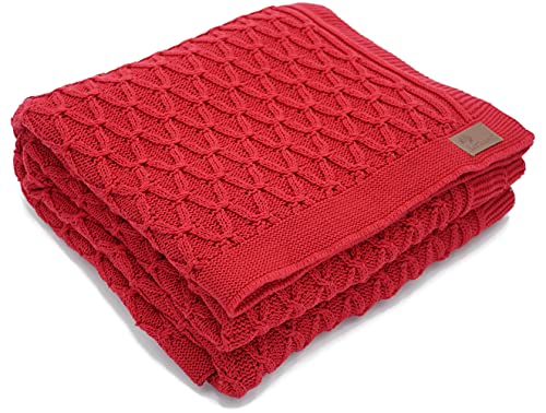 Earthloop Large Knit Throw Blanket | 100% Organic Cotton – GOTS Certified | Couch and Bed Throw Blankets | Knitted Throws | Adult Cable Knit (60 x 80 in, Red)