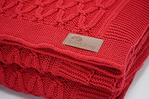 Earthloop Large Knit Throw Blanket | 100% Organic Cotton – GOTS Certified | Couch and Bed Throw Blankets | Knitted Throws | Adult Cable Knit (60 x 80 in, Red)