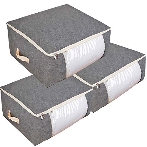 Qozary 3 Pack Large Storage Bags for Comforters, Blankets, Clothes, Quilts and Towels, Better and Sturdy Under Bed Organizer Bag for Closets, Bedrooms (Gray, Extra Large - 105L - 27.5 x 11.8 x 19.6")