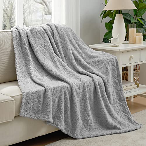 Cozy Bliss Leaf Textured Thin Sherpa Throw Blanket, Super Soft and Lightweight Fleece Blanket for Couch, Sofa and Bed, Thin, Cozy, Fuzzy and Decorative Blanket (Grey, 60"x80")