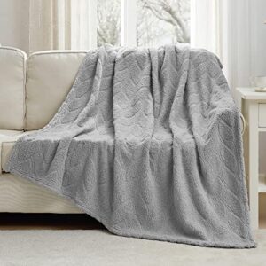 Cozy Bliss Leaf Textured Thin Sherpa Throw Blanket, Super Soft and Lightweight Fleece Blanket for Couch, Sofa and Bed, Thin, Cozy, Fuzzy and Decorative Blanket (Grey, 60"x80")