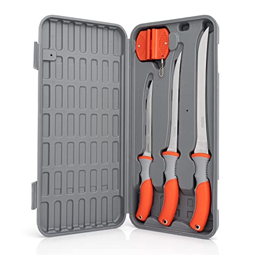 Wild Fish 5-Piece Fish Fillet Set for Filleting and Boning, 9 Inch, 7 1/2 Inch, and 6 Inch Fillet Knifes with Sharpener and Case