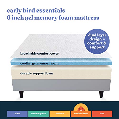 EARLY BIRD Essentials 6 Inch Gel Memory Foam Mattress, Twin, Dual Layer Comfort