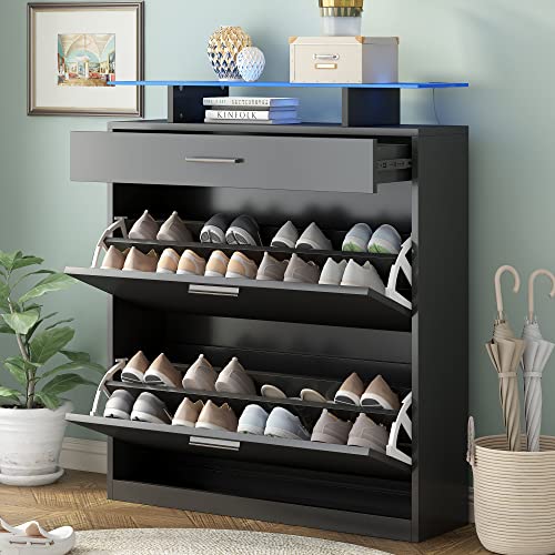 Polibi Shoe Storage Cabinet with 2 Large Flip Drawers and Temper Glass Shelves, Free Standing Shoe Rack Modern Shoe Organizer with LED Lights for Living Room, Bedroom, Entryway, Black