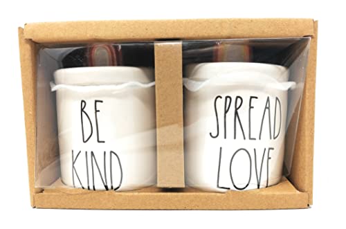 Rae Dunn by Magenta LL BE KIND and SPREAD LOVE Jar Set, Rainbow Handles, 4" tall x 2.75" wide each, Ceramic Jars, Bathroom, Bedroom, Make Up, Holder, Storage, Canister, Organizer