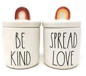 rae dunn by magenta ll be kind and spread love jar set, rainbow handles, 4" tall x 2.75" wide each, ceramic jars, bathroom, bedroom, make up, holder, storage, canister, organizer